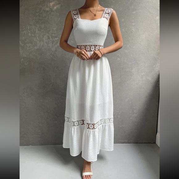 Dresses | Boho White Lace Insert Ruffle Hem Maxi Dress | Poshmark